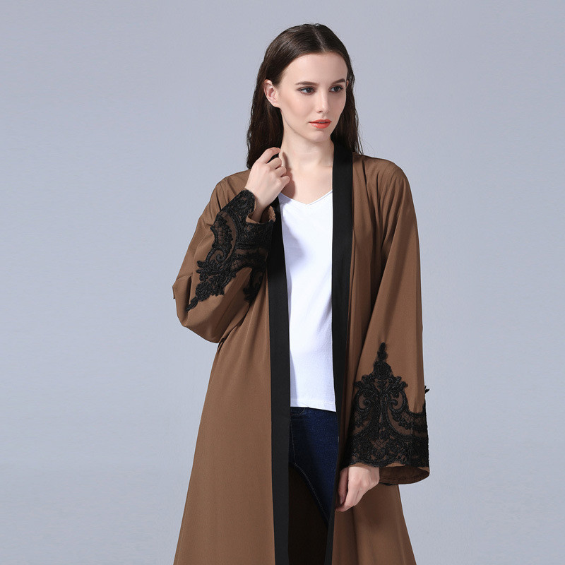 Dubai Lace Cardigan Muslim Women Open Front Robe Islamic Maxi Dress ...