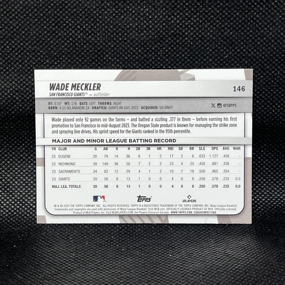 Wade Meckler 2024 Topps Big League Baseball Card #146 RC San Francisco ...
