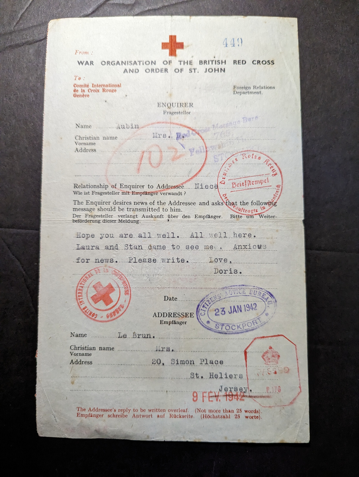 1942 England Red Cross Cover Stockport to St Heliers Jersey Channel ...