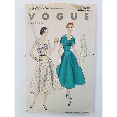 Vtg Vogue Sewing Pattern 7979 1950s Dress Sz 18 Bust 36 Tie Collar ...