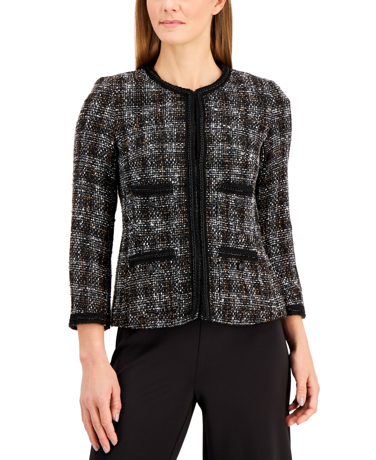 Anne Klein Women's Size 8 Black Combo Tweed Patch-Pocket Jacket | eBay