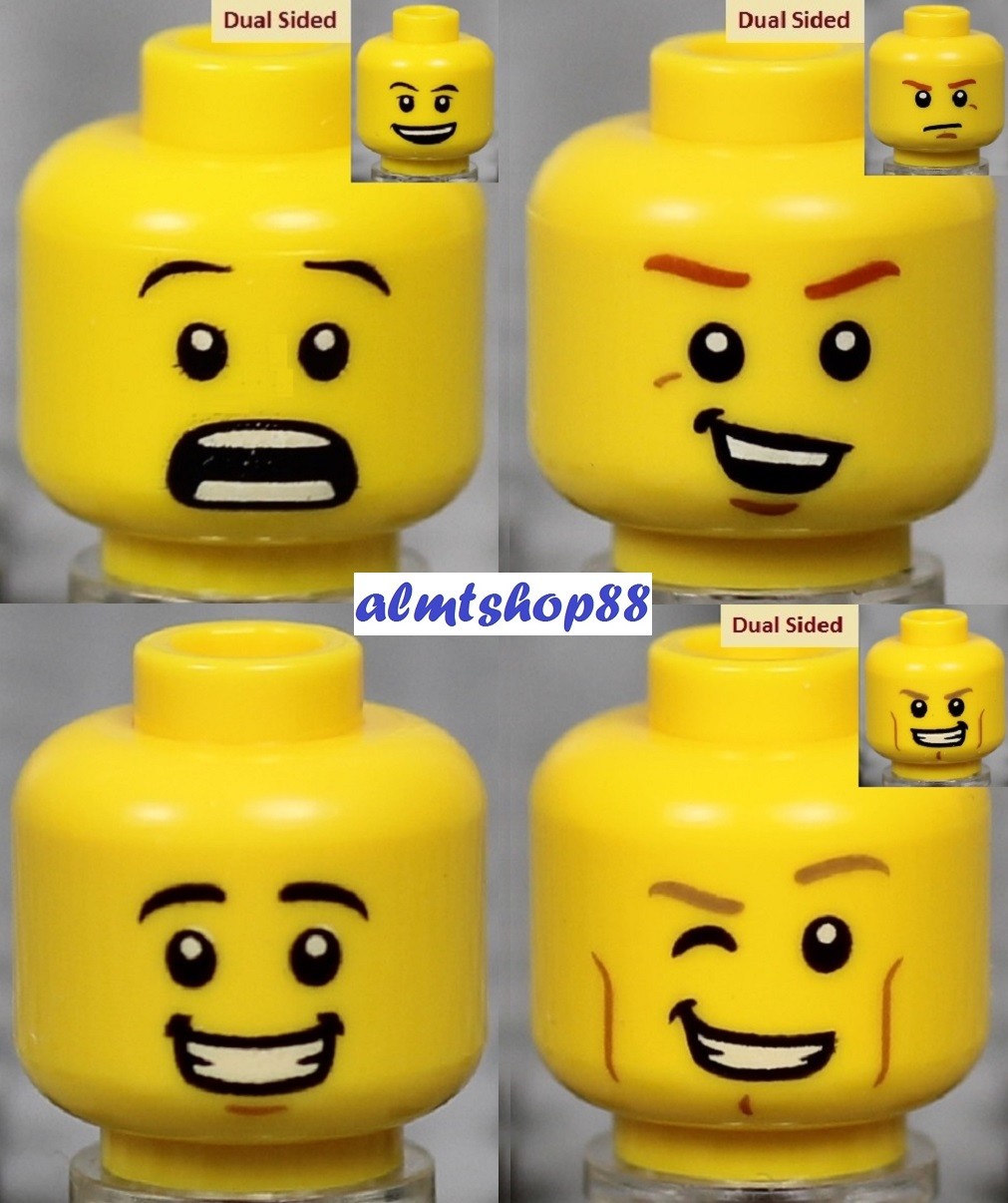 LEGO - 4x Male Heads Lot - Yellow Faces Laugh Scowl Teeth Grin Chin ...