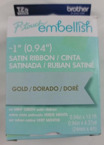 Brother P-Touch Embelish Satin Ribbon for Printer Gold ON Mint Green ...