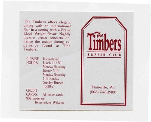 The Timbers Supper Club Menu Platteville Wisconsin 1980's | eBay