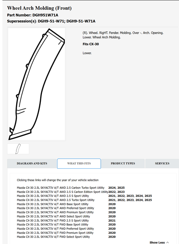 NEW Genuine Mazda 2020-2024 CX-30 Front Right Fender Molding Trim DGH9 ...