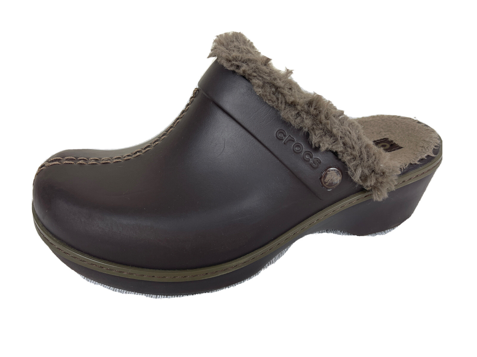 Women’s Crocs Brown Leather Faux Fur Lined Slide On C… - Gem