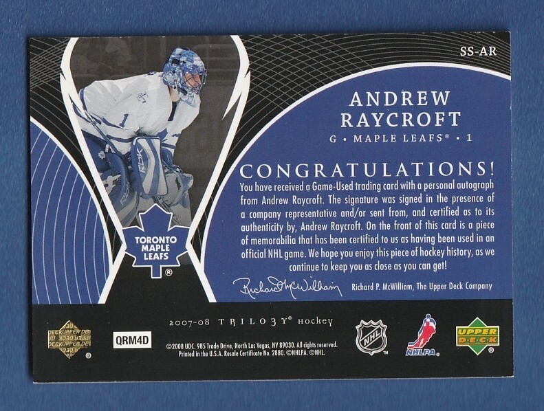 ANDREW RAYCROFT 2007-08 Trilogy AUTO Jersey Honorary Scripted Swatches ...