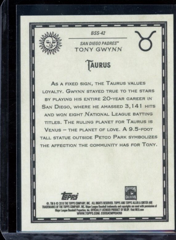 2019 Topps Allen & Ginter Baseball Star Signs TAURUS Tony Gwynn #BSS-42 ...