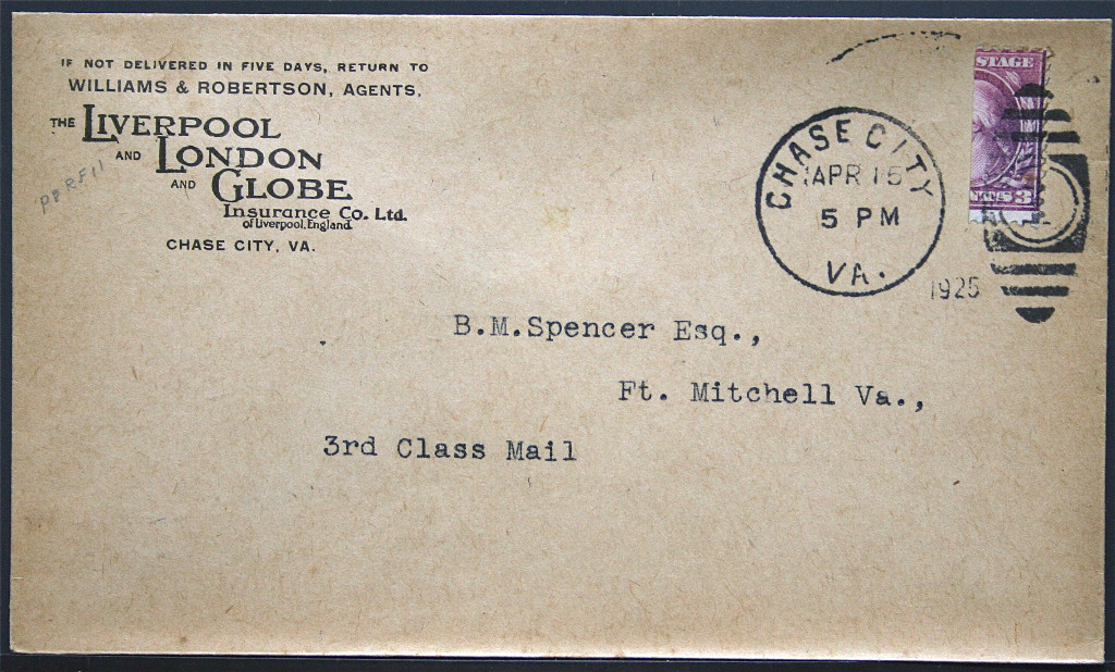 Cover - True 3 Cent Bisect to 1 1/2 Ct 3rd Class Mail rate - Chase Va ...