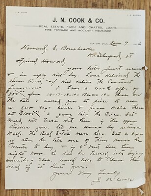 Letterhead Oklahoma Territory Elk City 1906 JN Cook Farm Loans | eBay