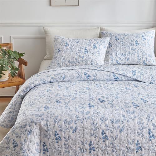 Boho Floral 3 Pieces Quilt Set Blue Botanical Flower King Pattern6#blue ...