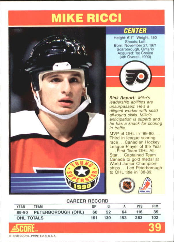 1990-91 Score Young Superstars Flyers Hockey Card #39 Mike Ricci | eBay