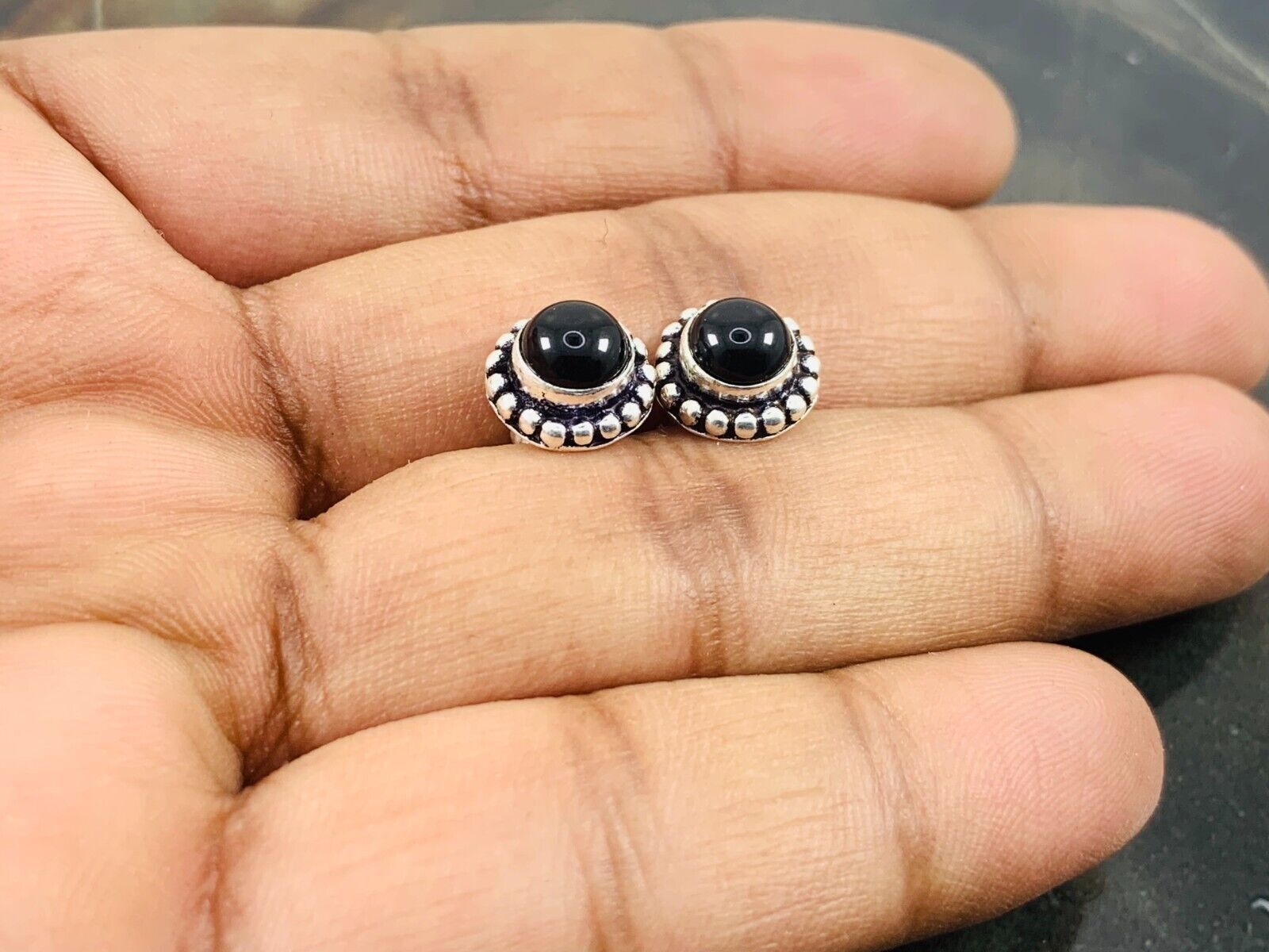 925 Silver Plated Handmade Studs with Natural BlackOnyx Gemstone Push ...