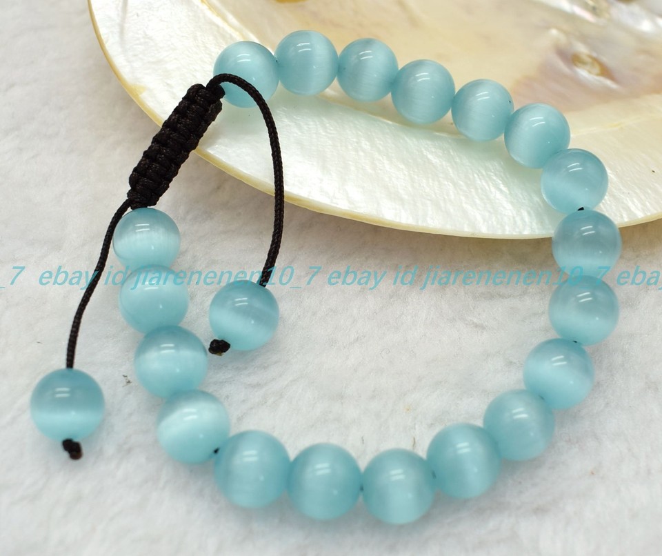 Natural 8/10/12mm Light Blue Cat's Eye Gemstone Round Beads Bracelets 7 ...