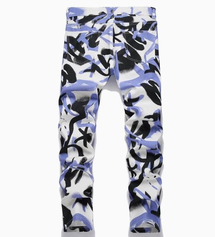 Men's Straight Leg Printed White Blue Casual Denim Cotton Jeans Punk ...