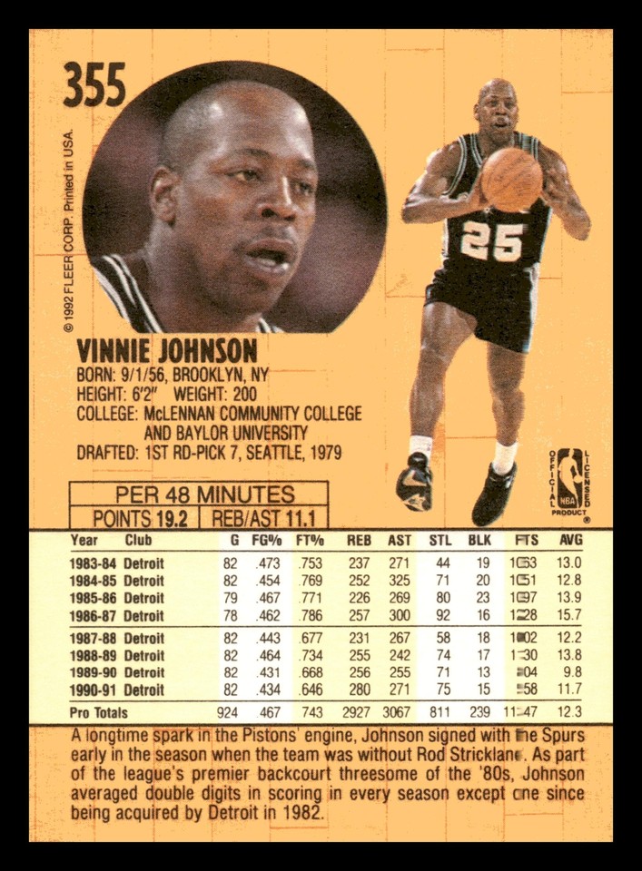 Vinnie Johnson 1991-92 Fleer #355 San Antonio Spurs NM-MINT | eBay