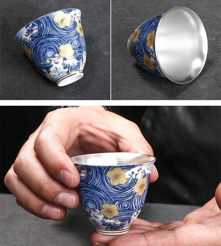 Handmade Teaset Pure Silver Teapot Matching Cup Pitcher Blue-and-white ...