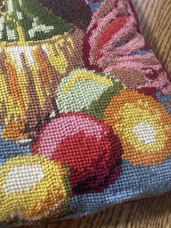 Vintage Needlepoint Tapestry Pillow Still Life Fruit Thanksgiving Wine ...