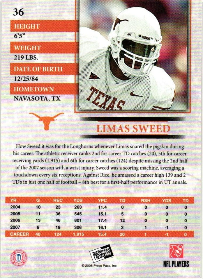 2008 Press Pass Limas Sweed RC #36 - Longhorns | eBay
