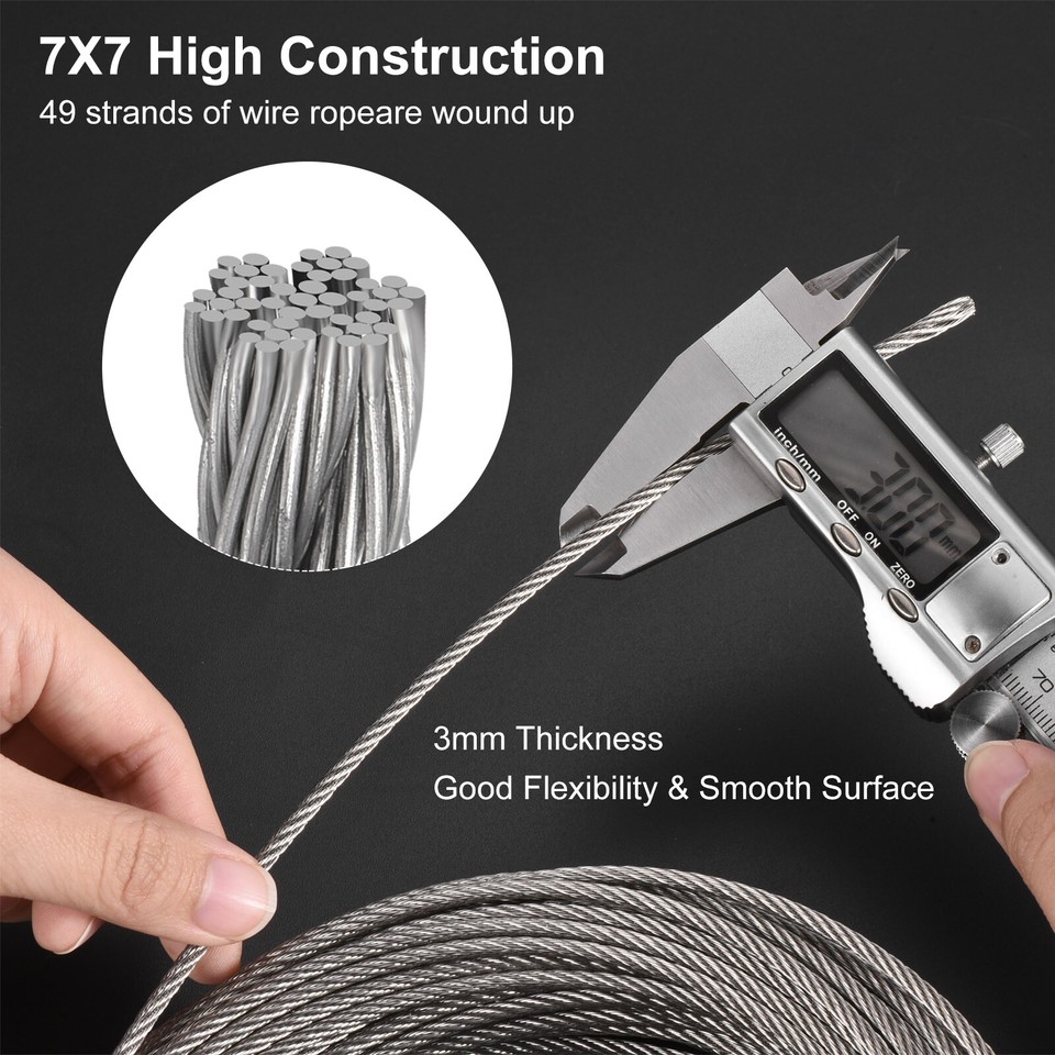 1/8" Wire Rope Cable Kit 100ft Stainless Steel 7x7 Strand Wire Cable ...