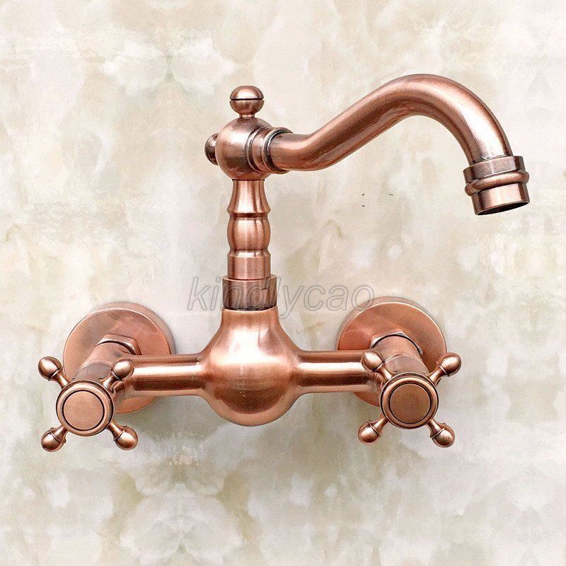 Antique Red Copper Wall Mounted Kitchen Sink Faucet Mixer Basin Tap ...