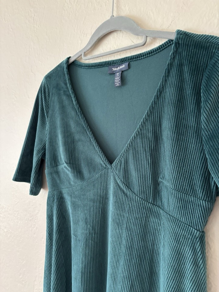 ModCloth M Teal Green Plush Corduroy A-Line V-Neck Mini Dress Sz M EUC ...