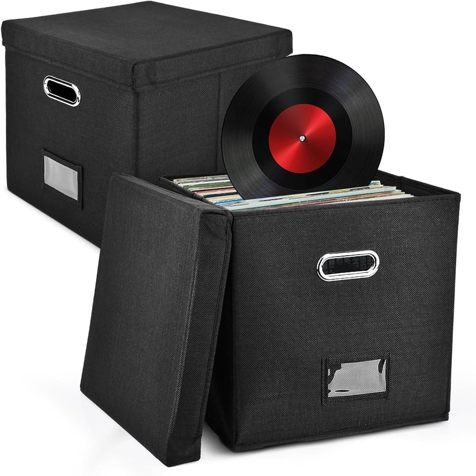 Vinyl Record Storage Box 13" Linen Album Organizer Cube Bin with Lid ...
