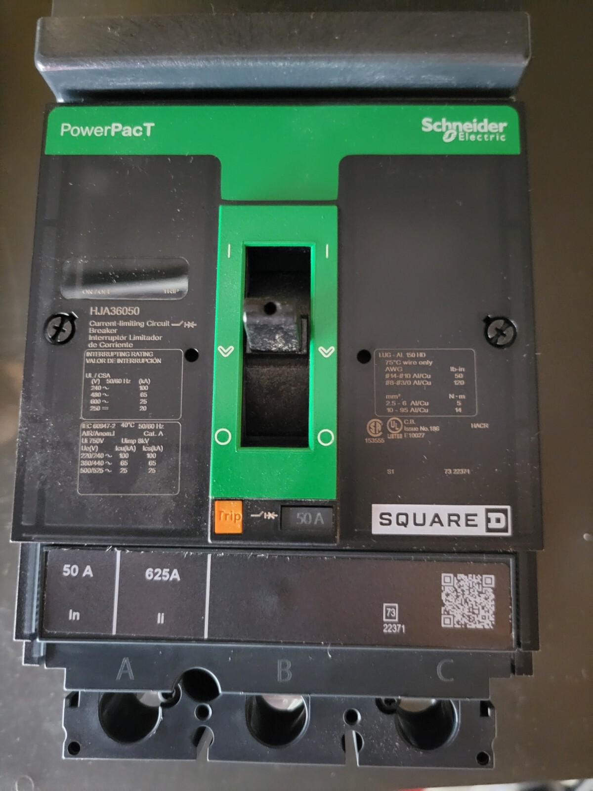 SQUARE D HJA36050 50 amp 600 volt PowerPact I line Circuit Breaker ...