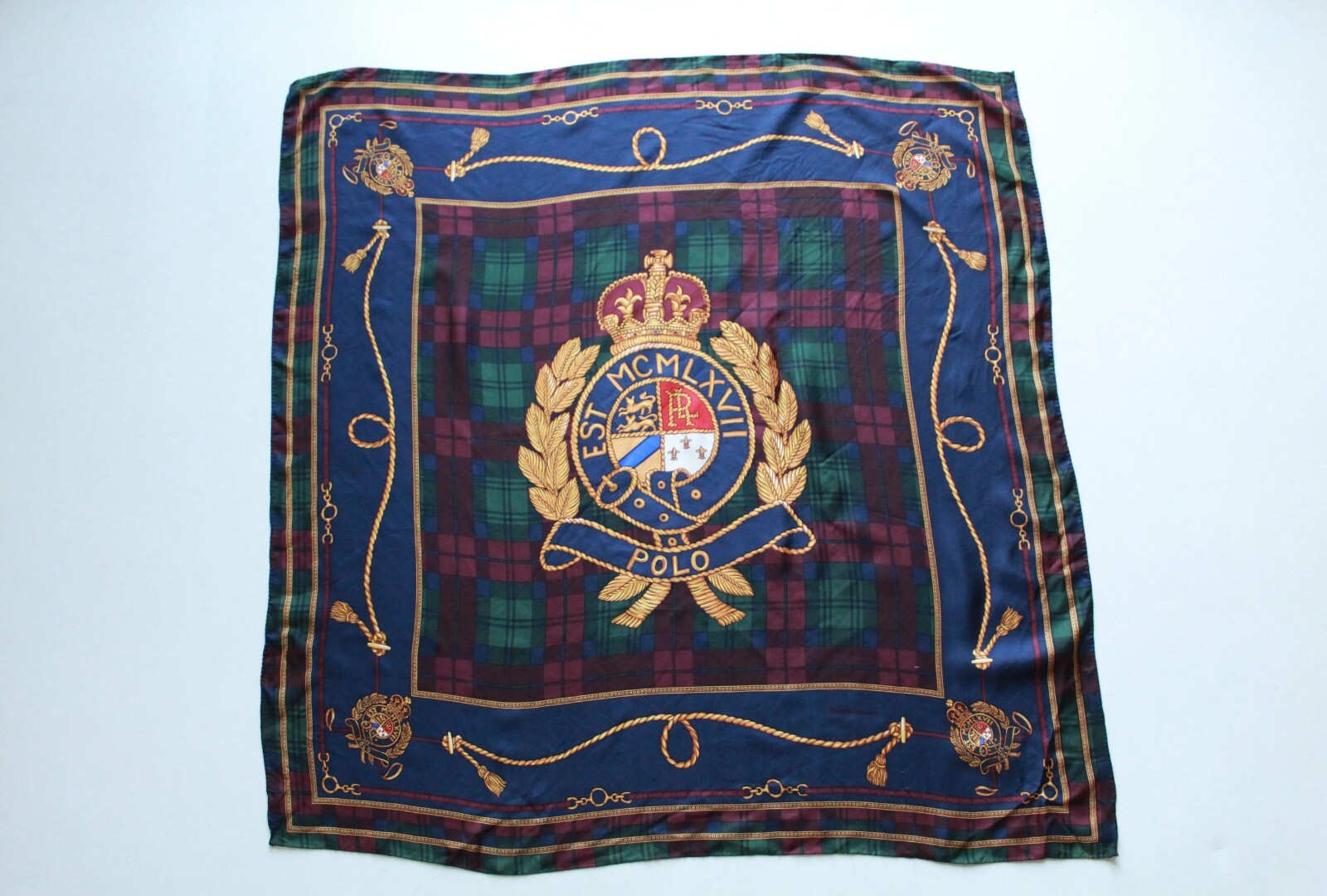 Rare Vintage Polo Ralph Lauren Big Crest Silk Scarf 3… - Gem