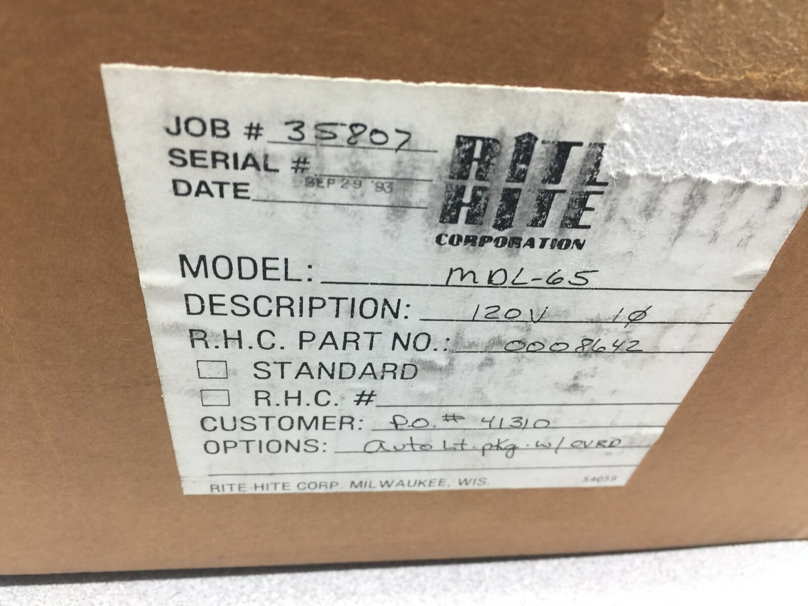 NEW IN BOX RITE HITE 120VAC INSIDE COMMON LITE CONTROL BOX MDL-65 | eBay