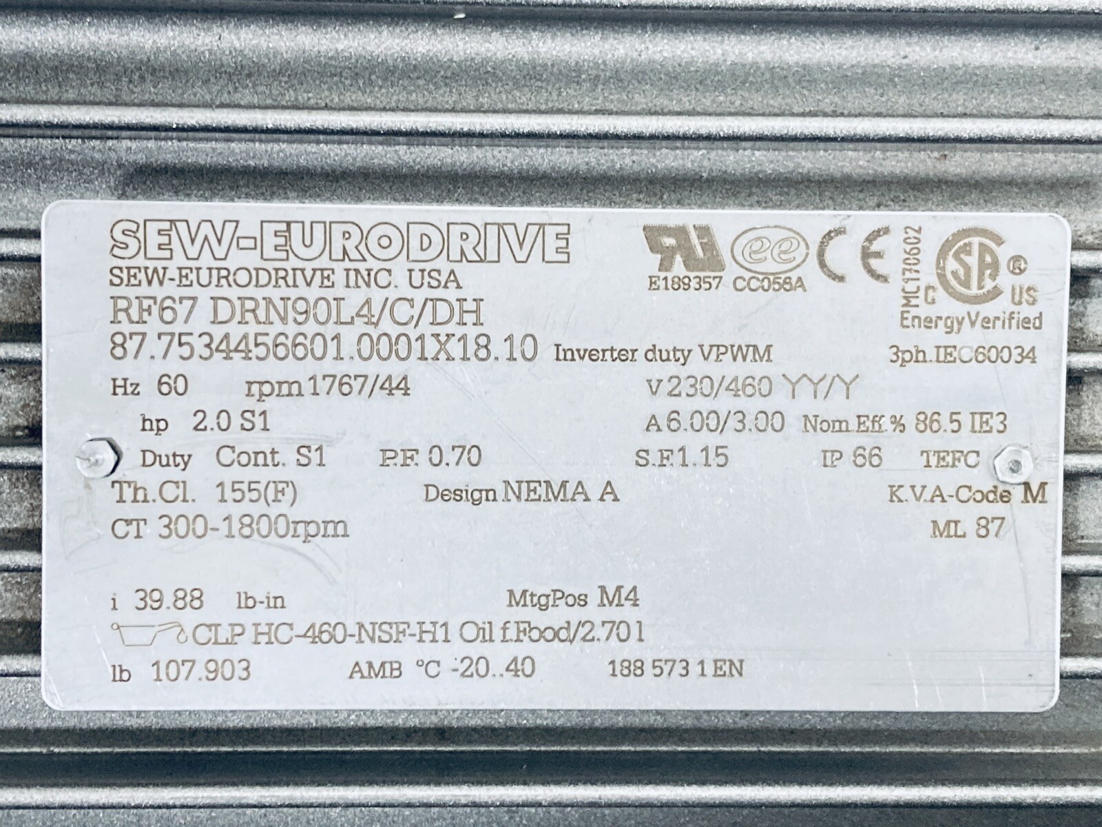 SEW-EURODRIVE RF67 DRN90L4/C/DH GEARMOTOR 39.88:1R 1767RPM 2HP 60Hz 230 ...