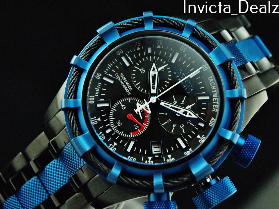 Rare Invicta Reserve Bolt Swiss Made Chrono Black Dial Blue-Black Tone ...