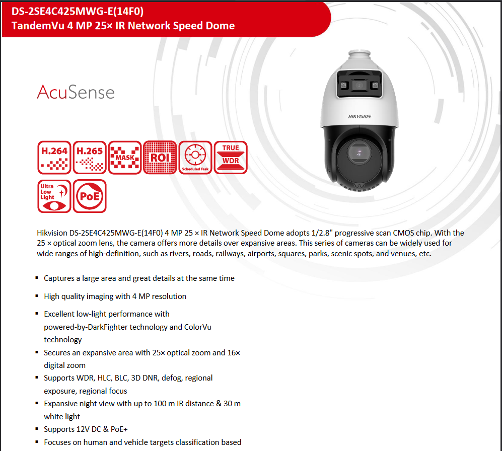 Hikvision 4MP 4inch TandemVu PTZ 25X DS-2SE4C425MWG-E/14(F0) ColorVu IR ...