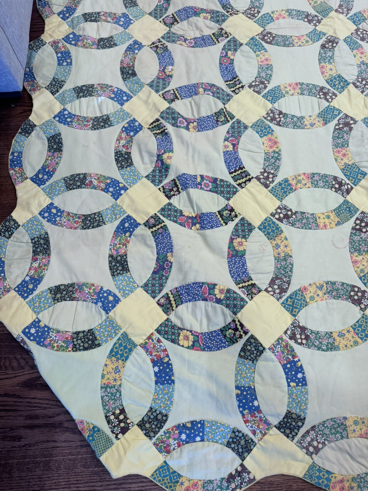 VTG ANTIQUE ORIGINAL HANDMADE DOUBLE WEDDING RING PATTERN QUILT 75x100 ...