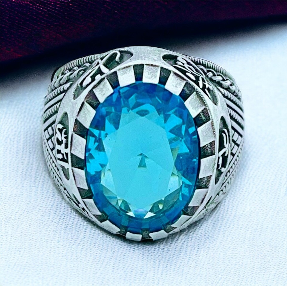 Men shia islamic ring Aqua Zircon 925 silver ehlibeyt Hasan Hussein Ali ...