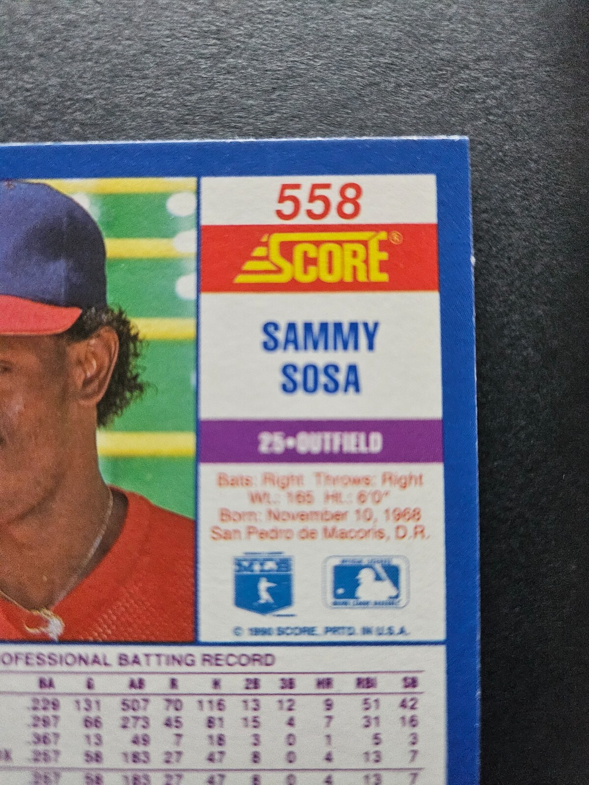 1990 Score SAMMY SOSA RC Rookie Card #558 GEM MINT - ERROR CARD Wrong ...