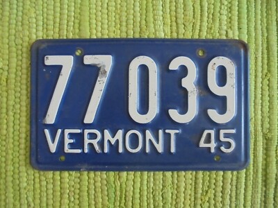 1945 Vermont License Plate 45 VT Tag 77039 | eBay