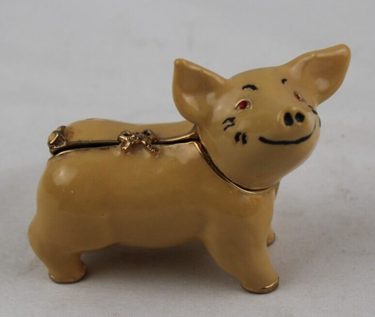Enameled Metal Pig Trinket Box with Red Glass Eyes Bow Magnetic Clasp ...