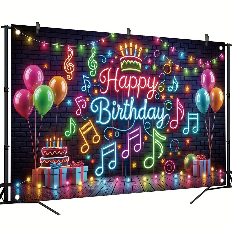 Neon Happy Birthday Banner Backdrop Music Party Decorations Glow in The ...