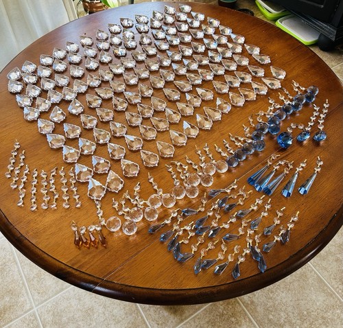 Vintage LOT 260 Crystal Glass Chandelier Mixed Prisms BLUE AMBER CLEAR ...