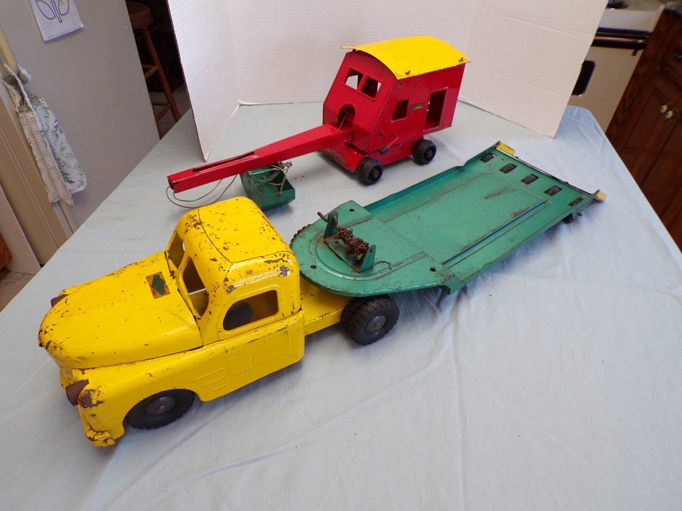 VINTAGE 50'S STRUCTO CONSTRUCTION TRUCK SET LOW BOY TRAILER, SHOVEL ...