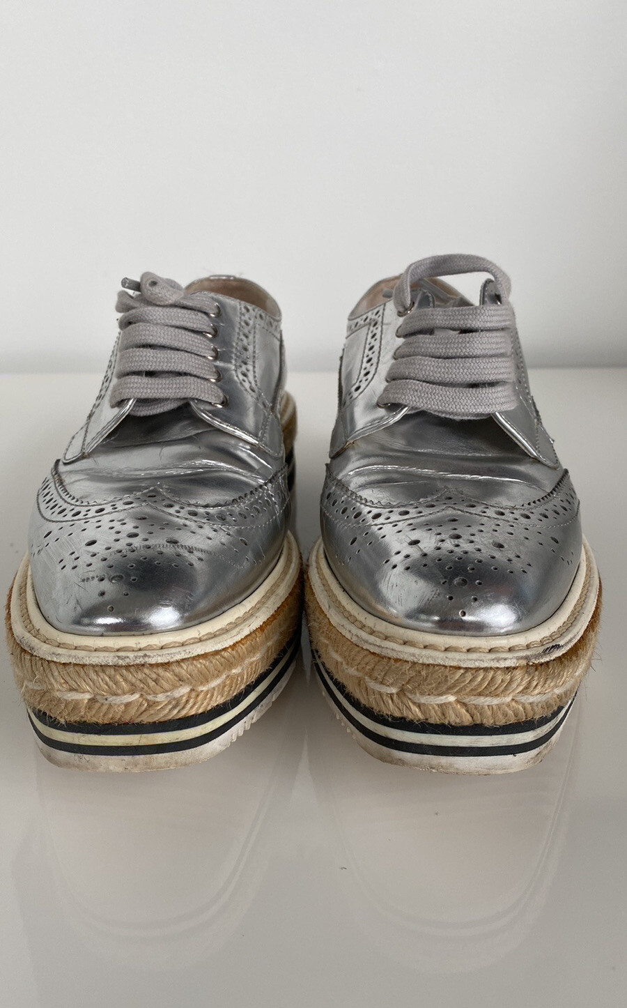 PRADA SS 2011 Silver Leather Brogues Derby Espadrille Creeper Sz 37/US ...