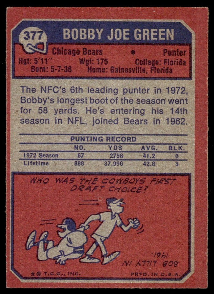 1973 TOPPS BOBBY JOE GREEN CHICAGO BEARS #377 | eBay