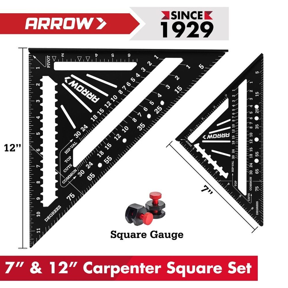 Arrow 2PCS Aluminum Alloy Carpenter Square Set 7" 12" Rafter Square ...