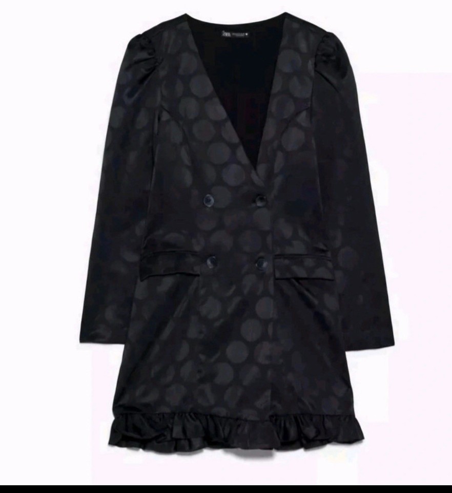 Tuxedo Style Zara Polka Dot Dress Structural Puff Sleeve Ruffle Hem ...