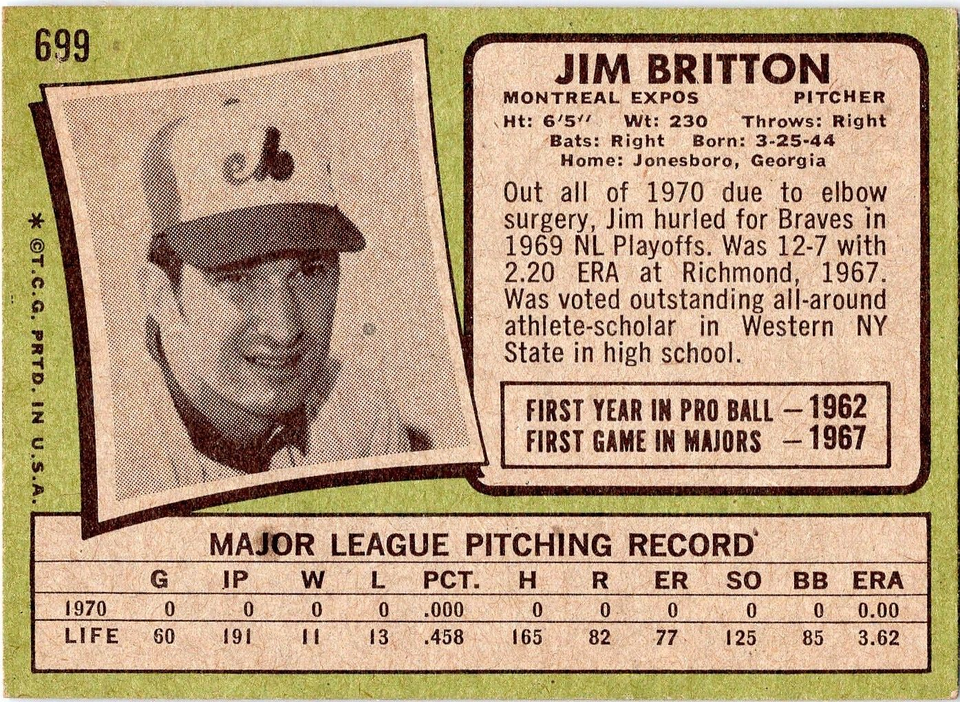 1971 Topps Jim Britton #699 Montreal Expos Baseball Card EX | eBay