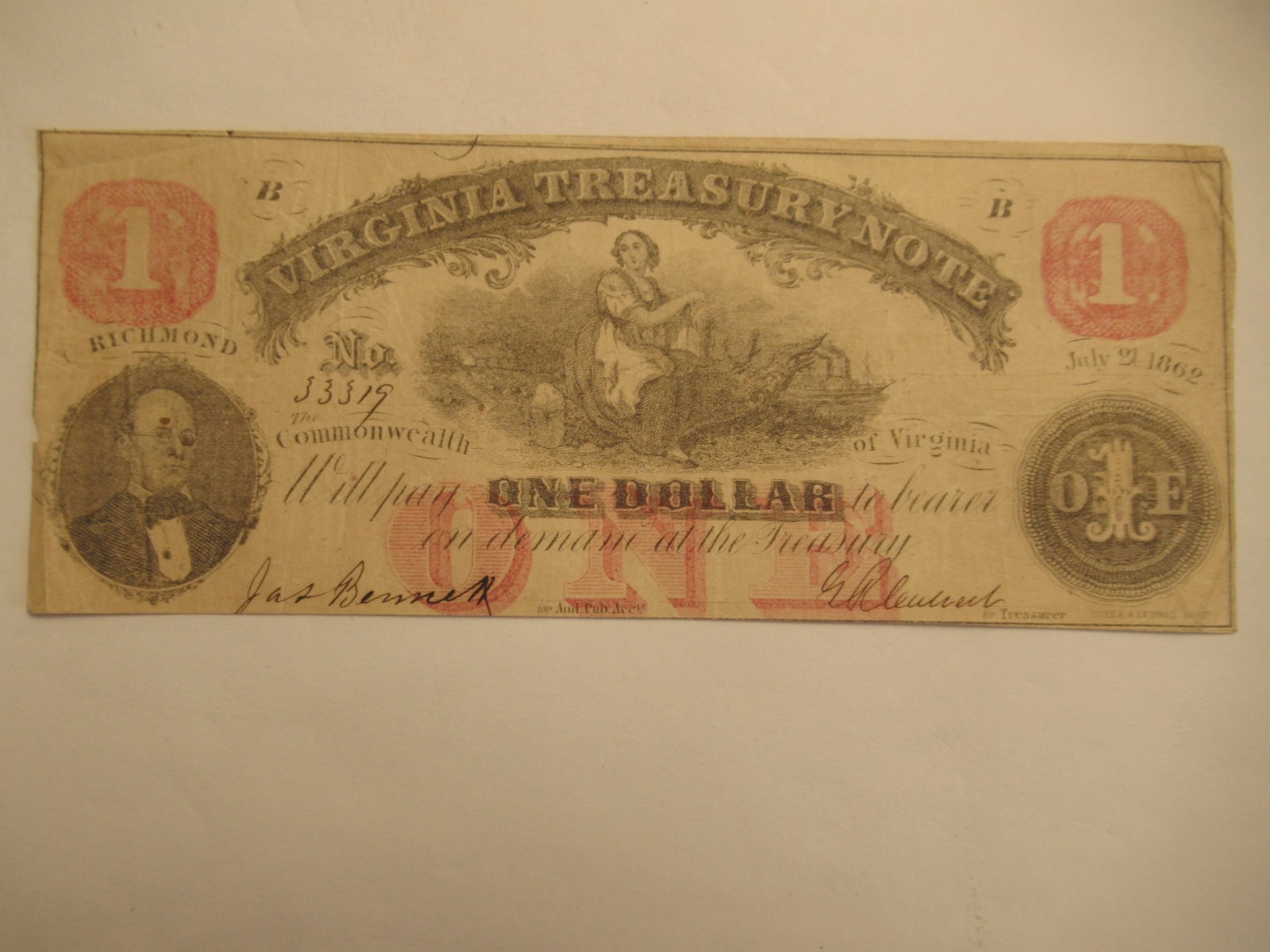 1862 Virginia Treasury Note, Richmond, $1 Note, obsolete note | eBay