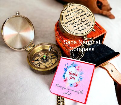 BRASS COMPASS LEATHER CASE ENGRAVED BE STRONG BIBLE VERSE ANTIQUE ...