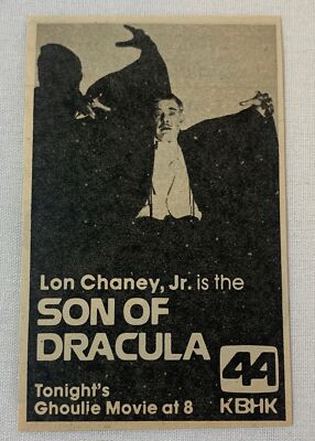 1980 small KBHK tv ad~ horror Ghoulie Movie SON OF DRACULA Lon Chaney ...