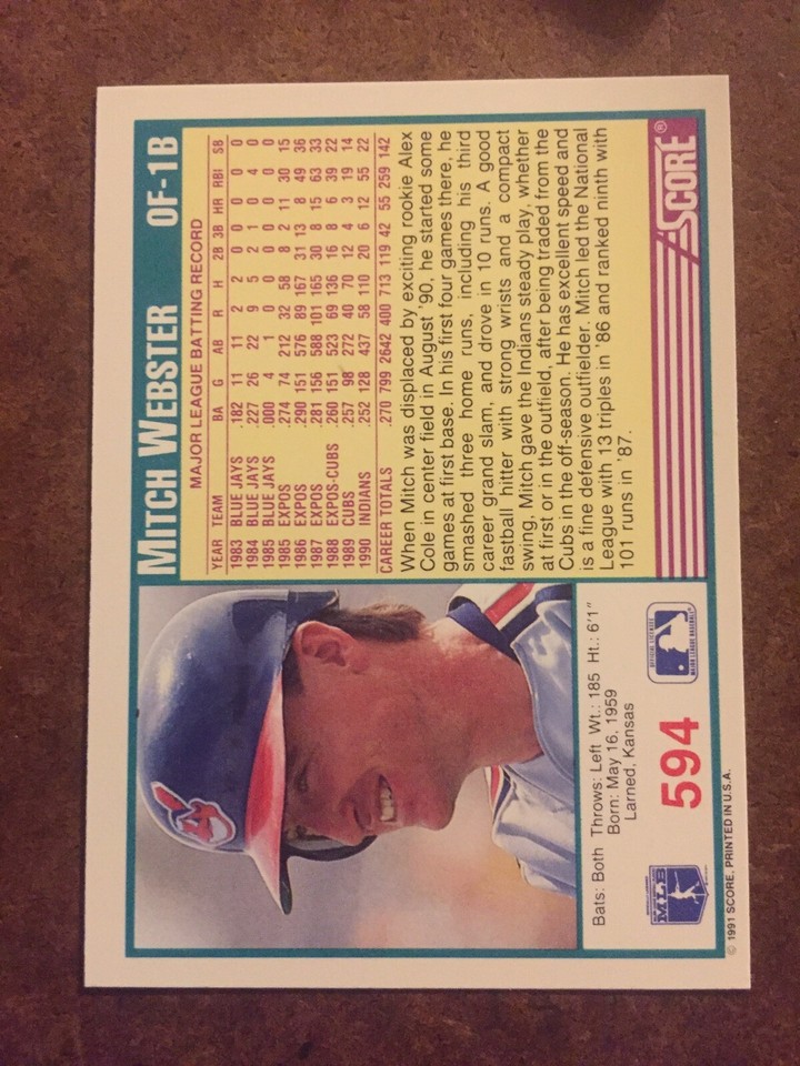 Mitch Webster 594 Score 1991 MLB Baseball Trading Card | eBay